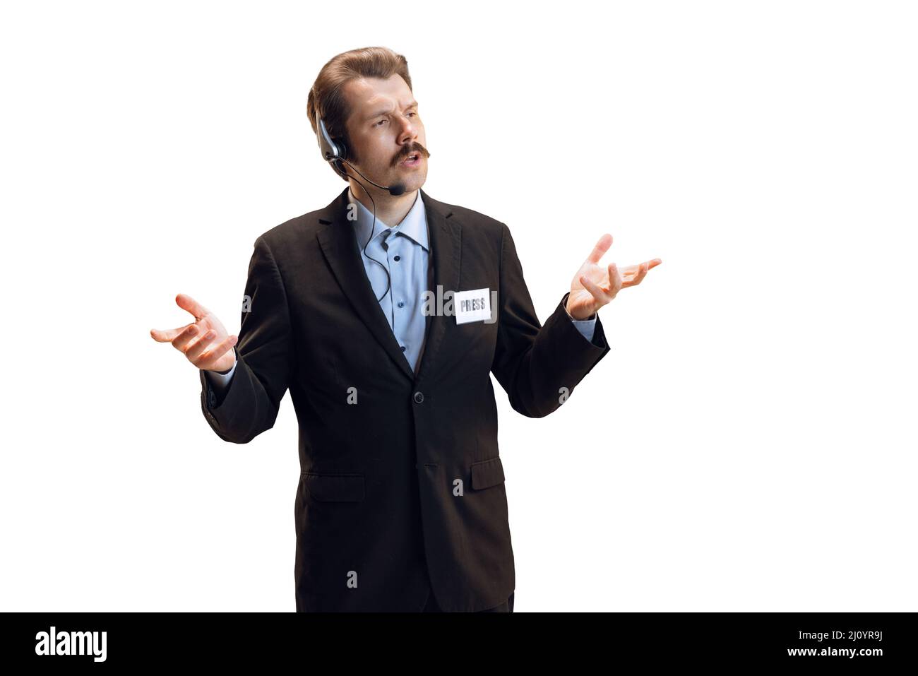 Emotive young man, professional sport commentator, journalist with ...