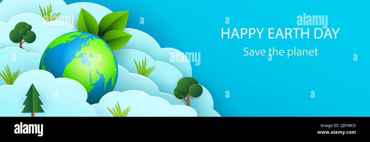Earth Day banner, background with clouds, planet and trees in paper cut ...