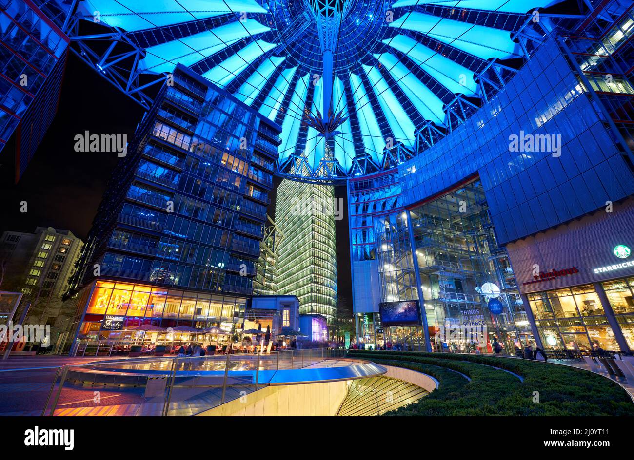 Sony Center in Berlin at night with purple lights on the ceiling Stock ...