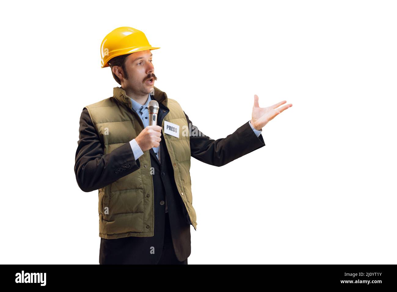 Portrait of young man in helmet, professional commentator, journalist ...