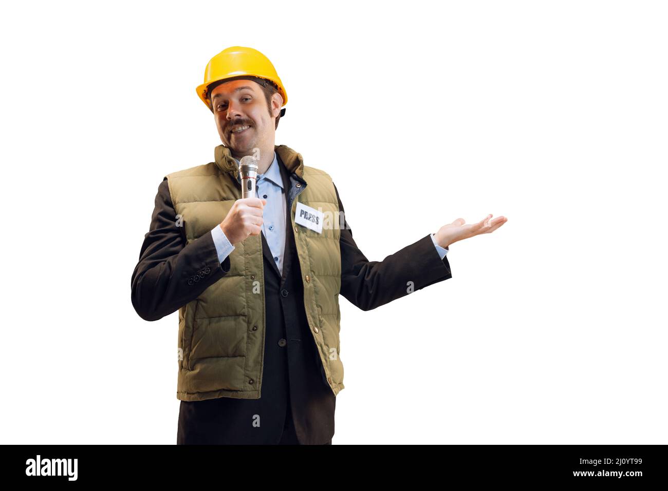 Portrait of young man in helmet, professional commentator, journalist ...