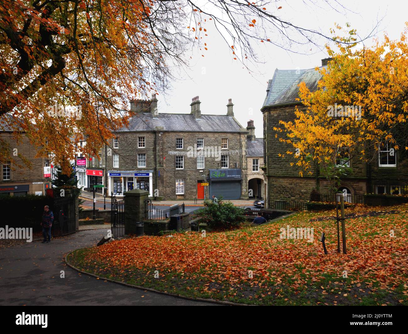 Autumn colours at Clitheroe, Lancashire, seen from the castle entrance ...