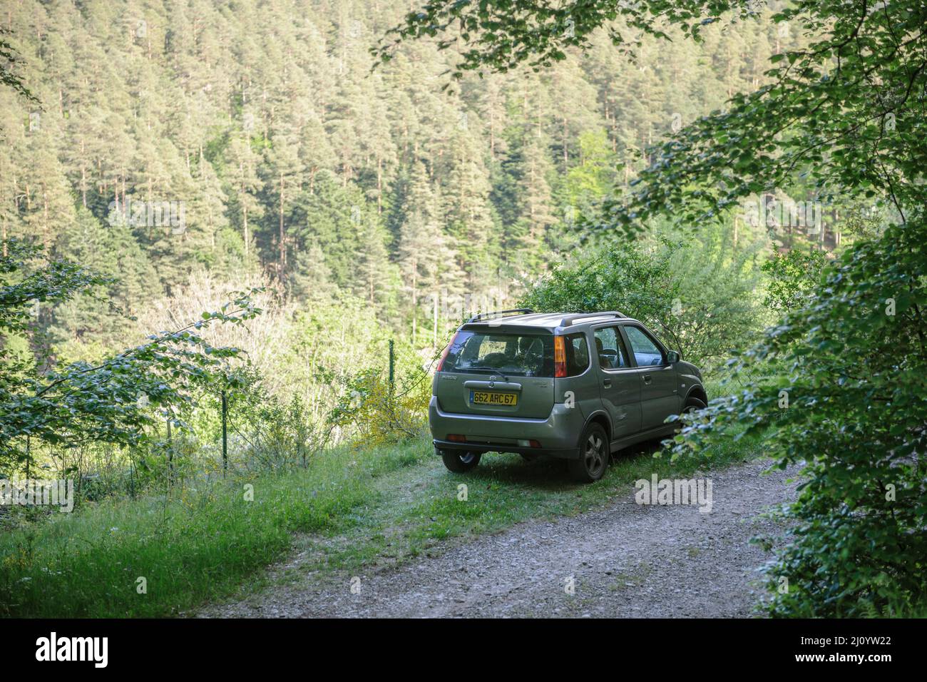 France - May 10, 2015: Lonely car Suzuki Ignis 4x4 parked on a rural ...