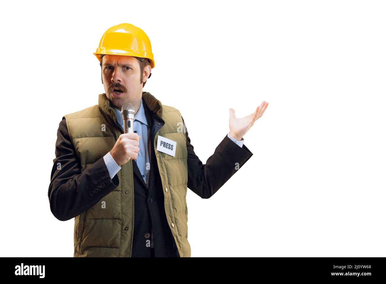 Portrait of young man in helmet, professional commentator, journalist ...