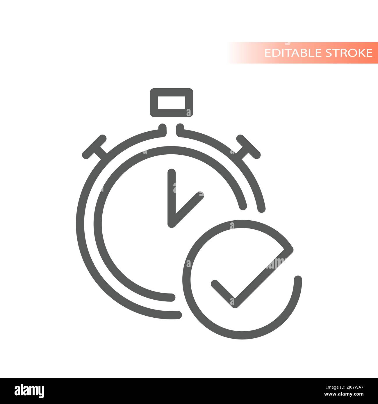 Clock and checkmark or tick line vector icon. Deadline complete ...