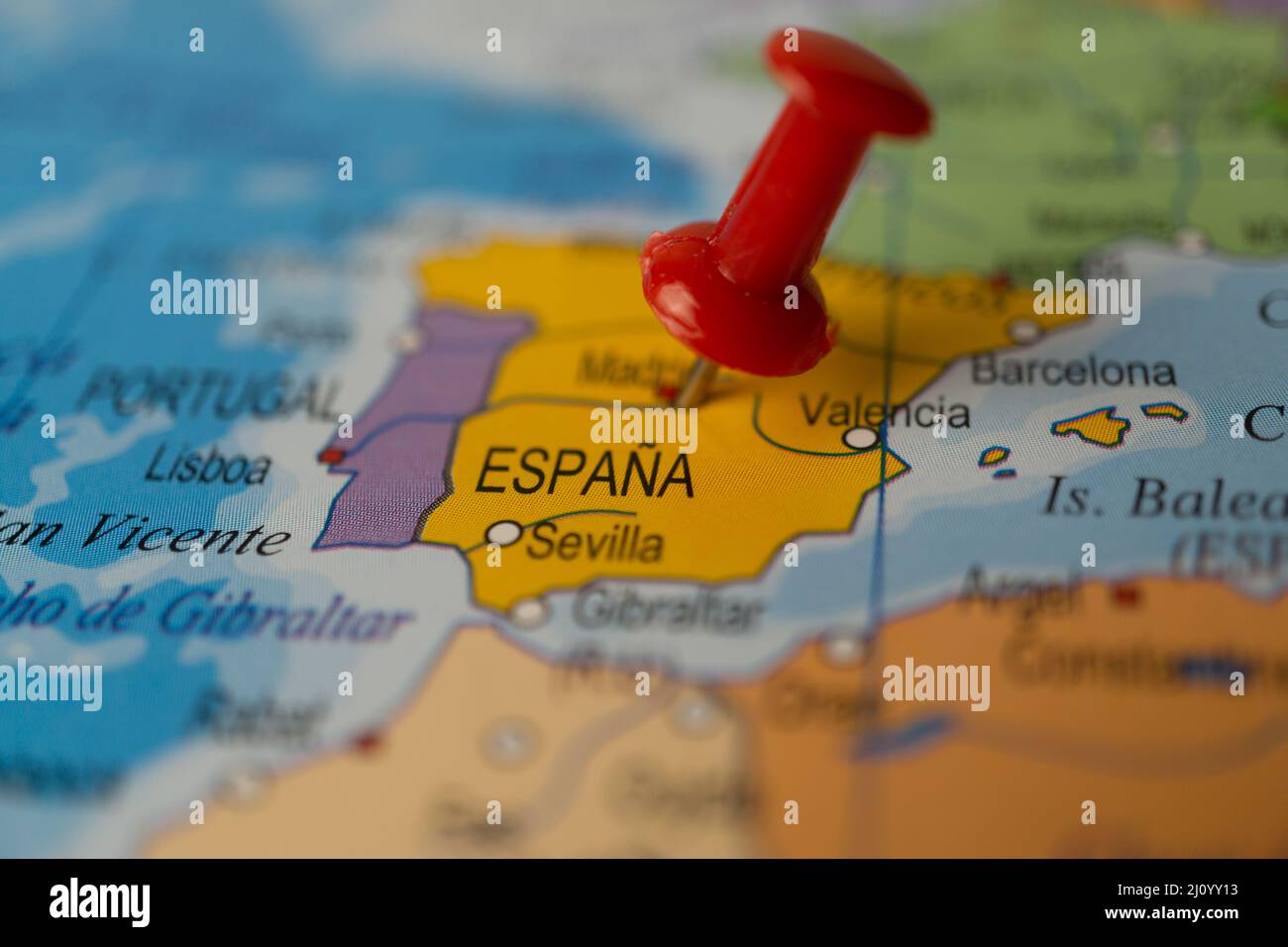 spain marked on a map with a thumbtack Stock Photo - Alamy