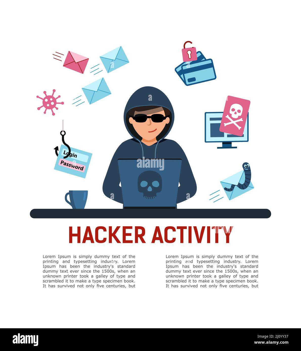 Hacker activity, Poster or banner. young man at the computer stealing ...