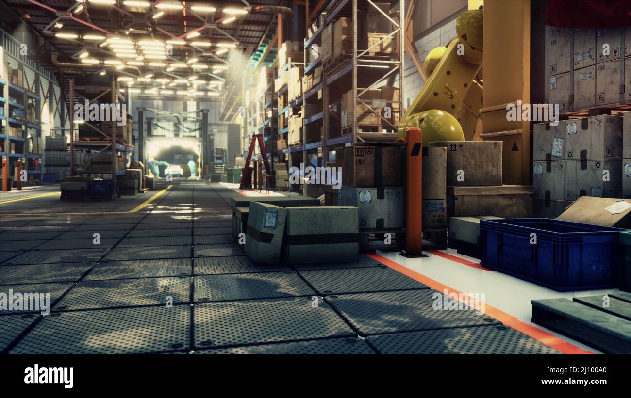 Huge distribution warehouse with boxes on high shelves Stock Photo - Alamy