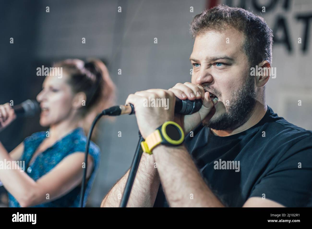 Behind the scenes. Rehearsal at theatre. Large group of actors ...