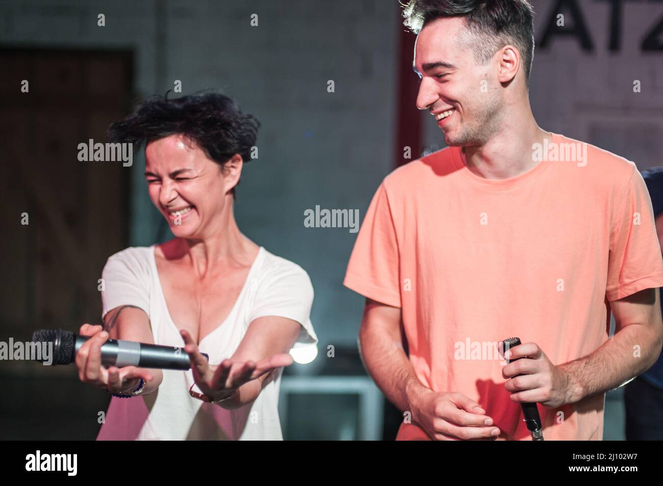 Behind the scenes. Rehearsal at theatre. Large group of actors ...