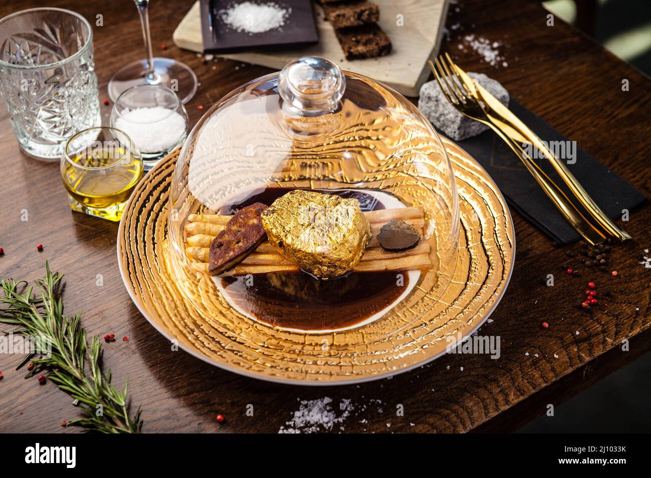 Black Angus 24 carat gold steak. Beef tenderloin, foie gras, fresh ...