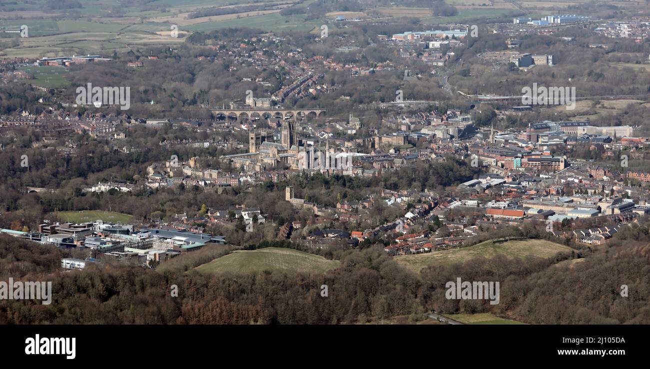 aerial view of the Durham city skyline from the East with the Cathedral ...