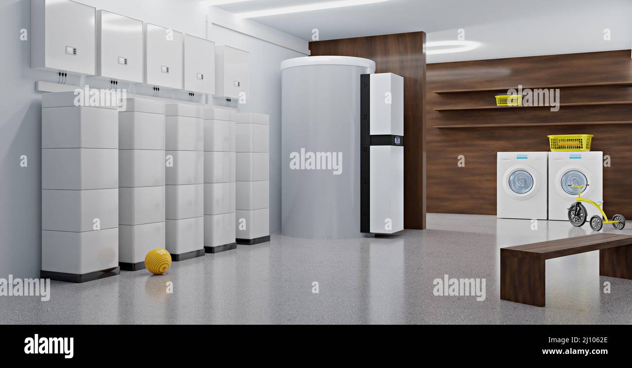 A modern battery storage for small business or private household, 3D ...