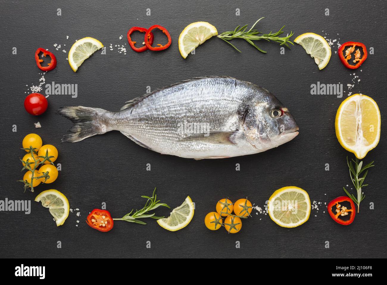 Top view fish seasoning arrangement Stock Photo - Alamy