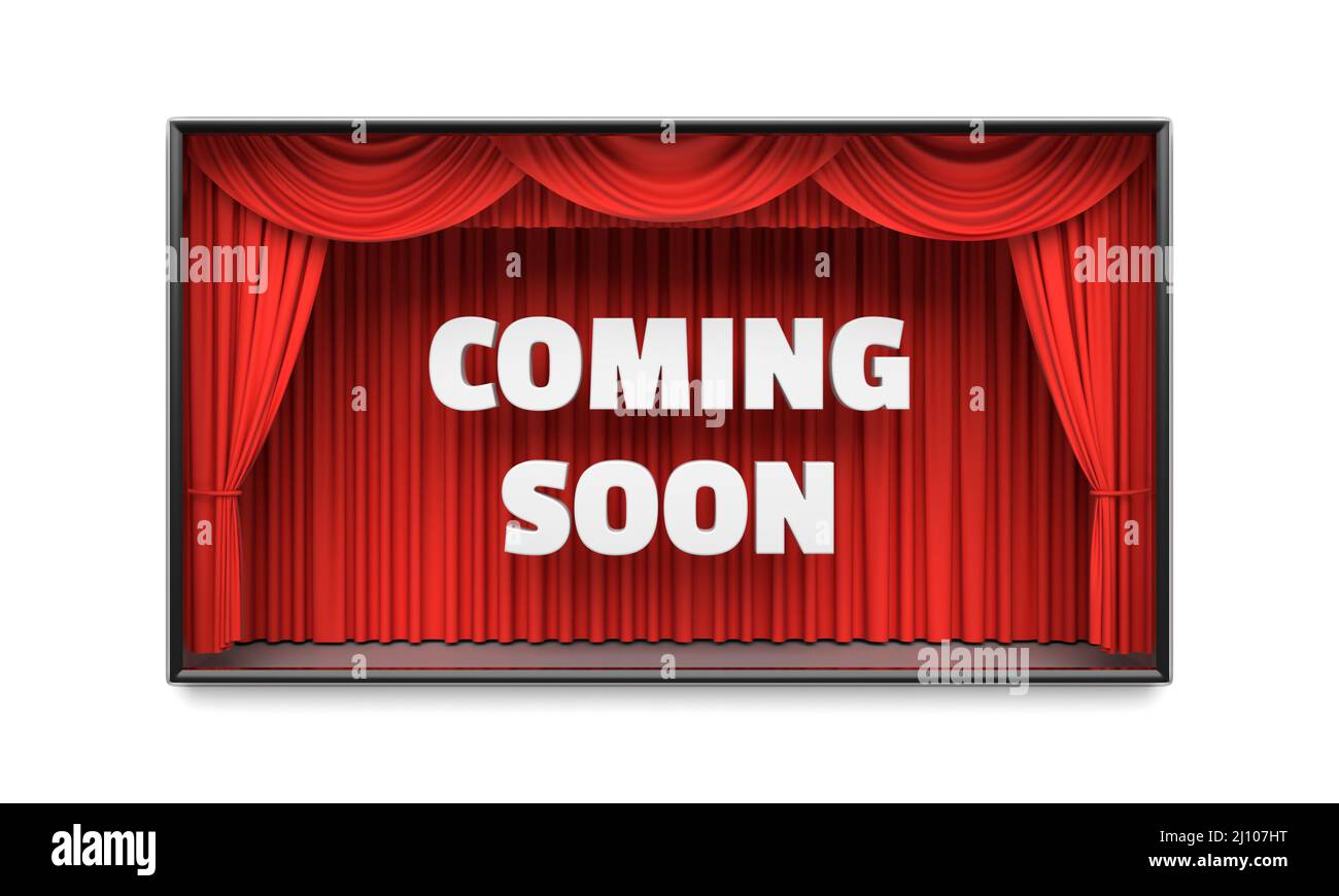 Coming Soon poster with red stage curtains isolated on white background ...