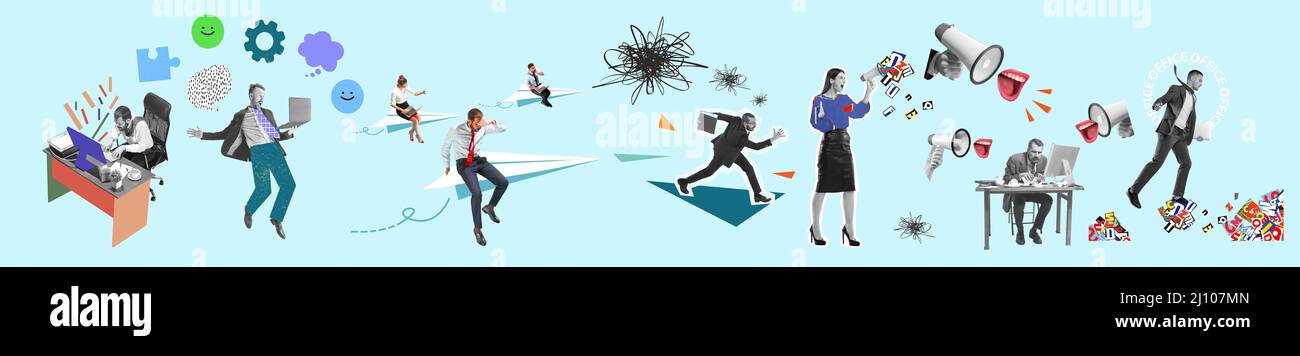 Creative contemporary collage made of shots of young men, managers ...