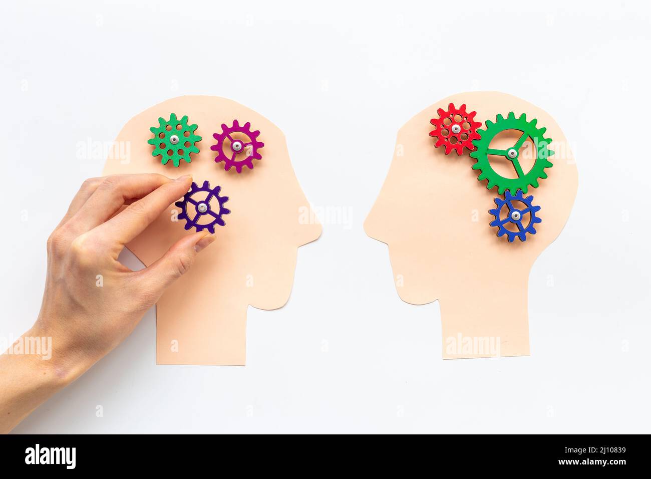 Brain gears on two human heads. Mind work. Brain chaos and mind peace ...