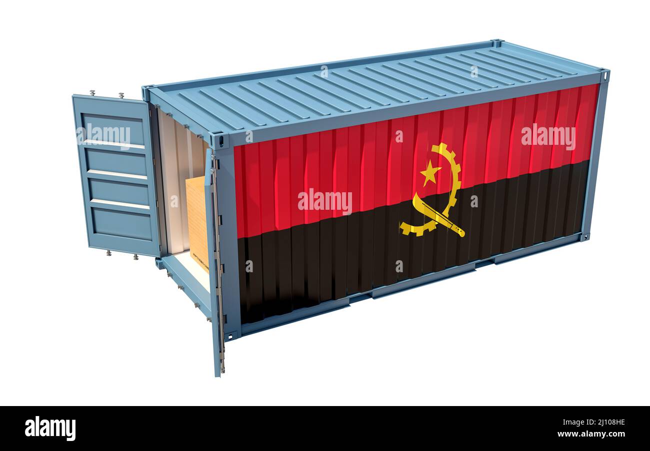 Cargo Container with Angola national flag. Isolated on white. 3D ...