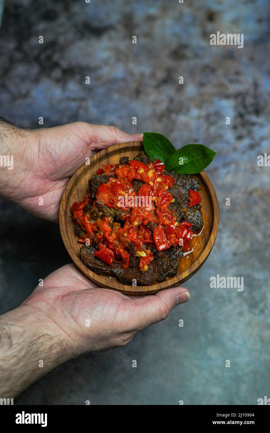 Dendeng balado is a traditional cuisine from west Sumatra, Indonesia ...