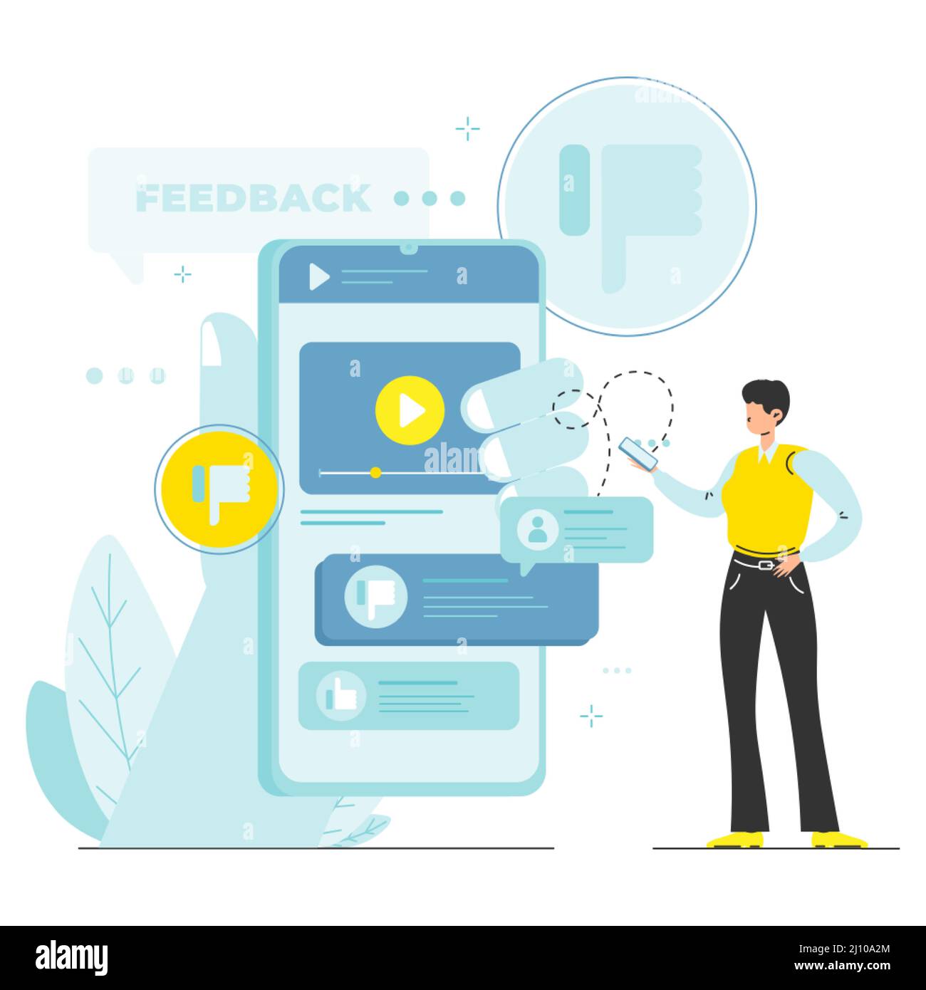 Woman watching video and giving dislike thumb down. Bad feedback, negative comments, flat vector ...