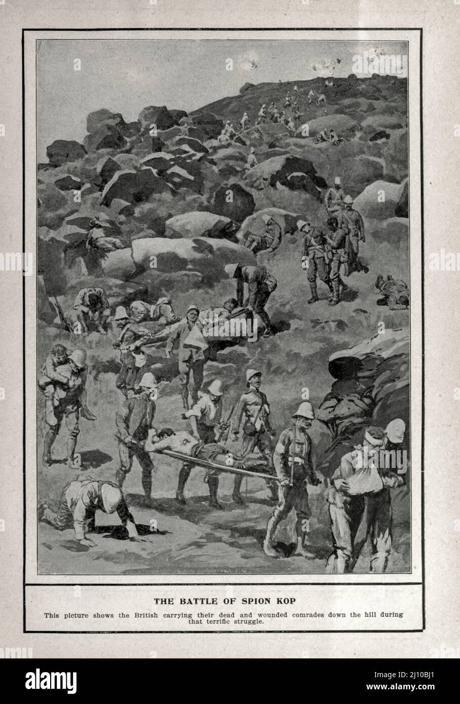 THE BATTLE OF SPION KOP. This picture shows the British carrying their ...