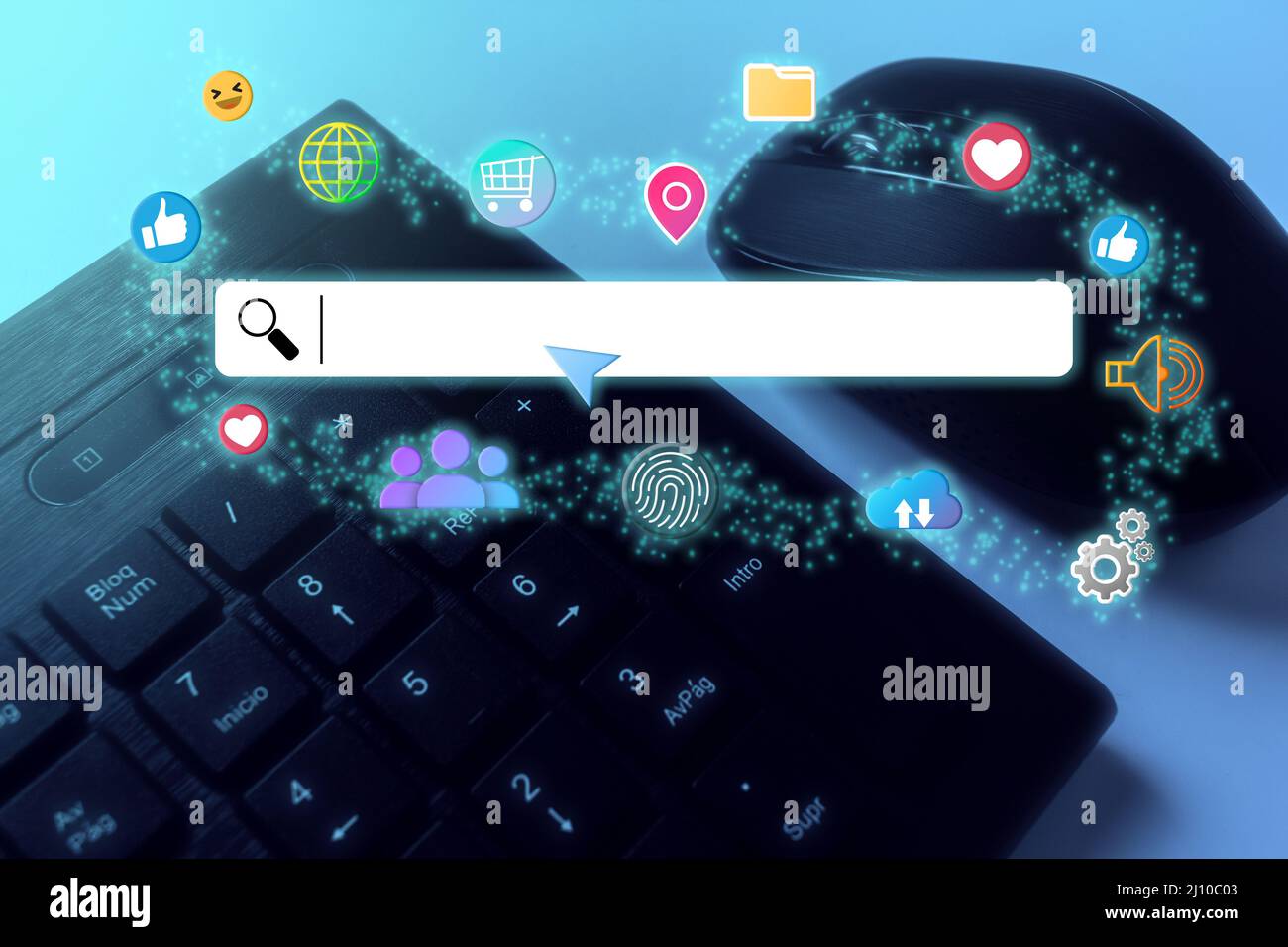 Search bar with virtual icons floating over computer keyboard and copy ...
