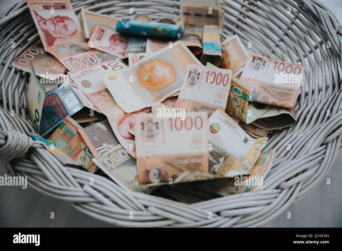 Closeup shot of the 50, 1000 and 2000 Serbian Dinara banknotes and ...