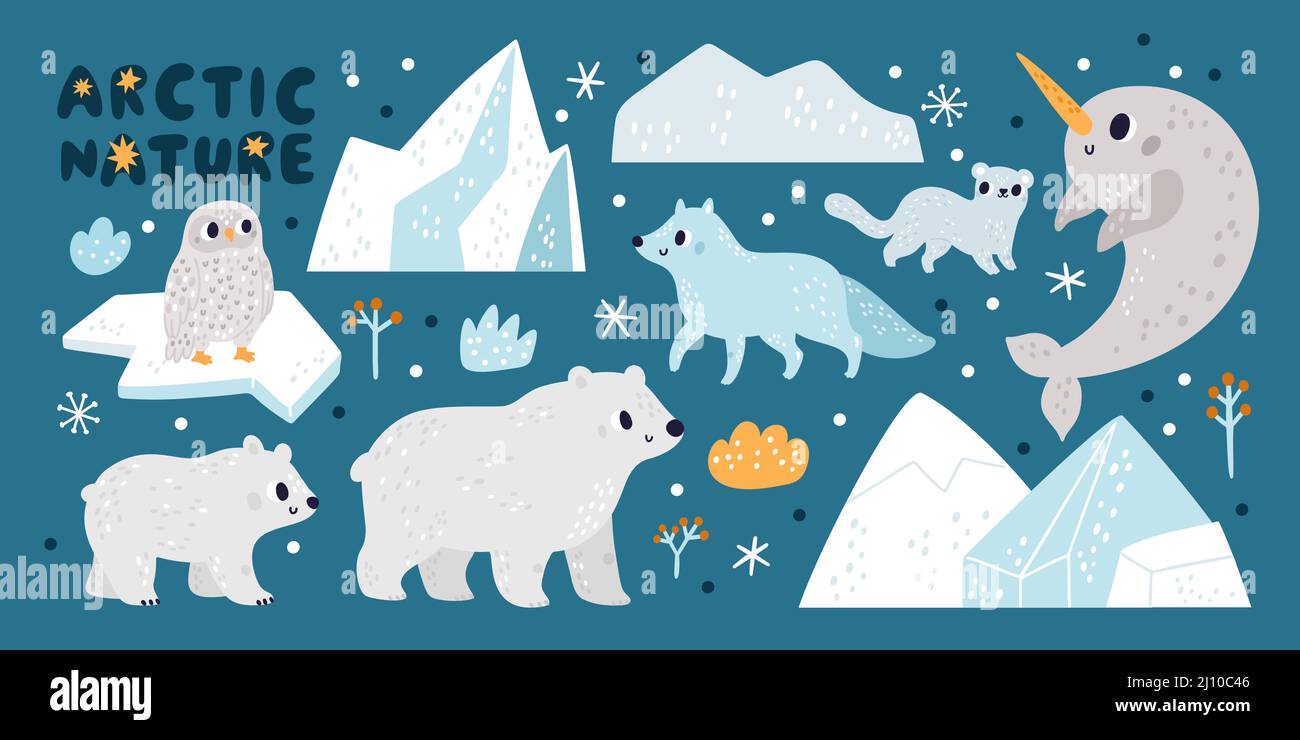 Cute arctic nature. Northern animal characters. Icebergs and ice floes ...