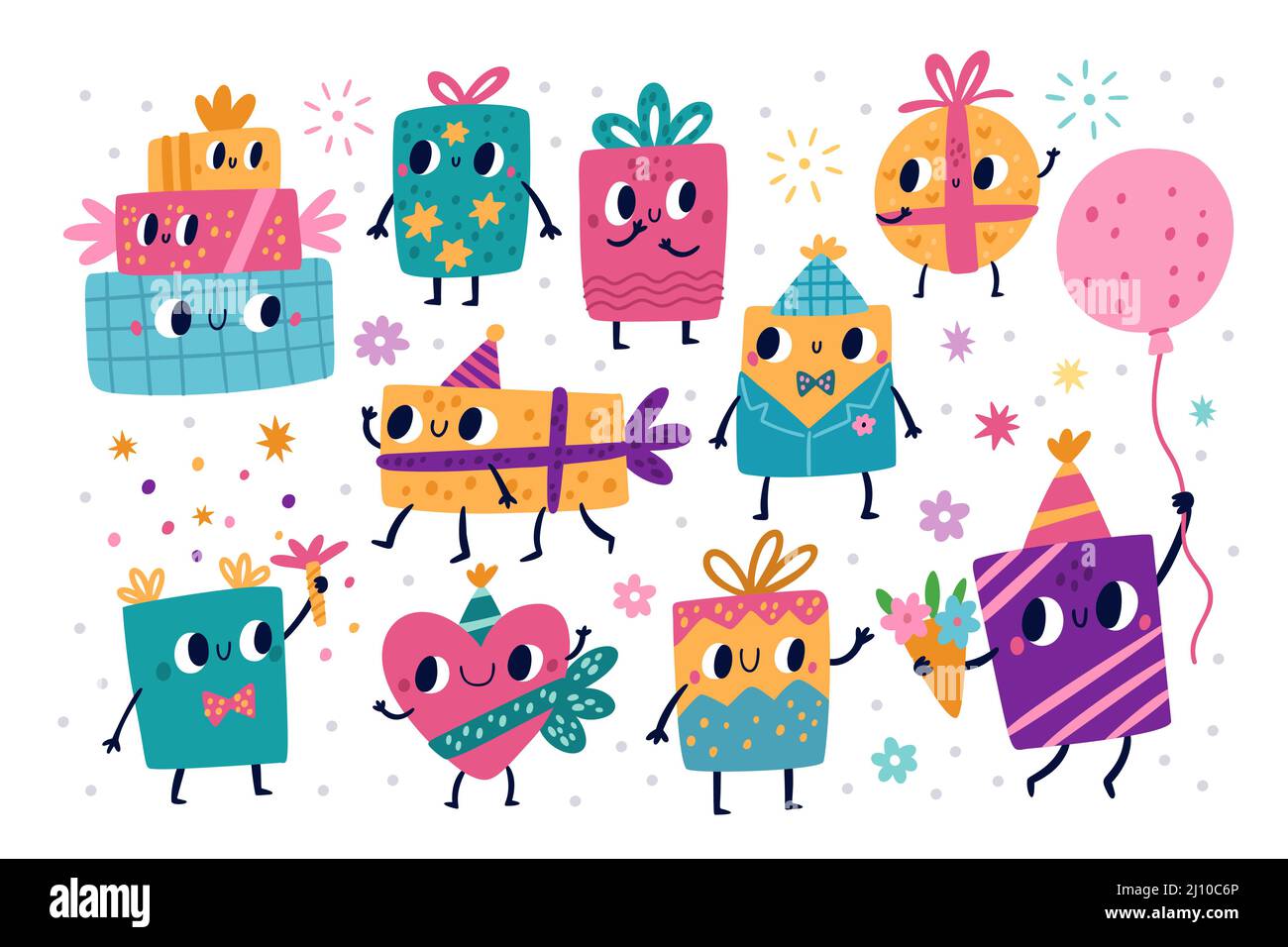 Cute gift boxes. Holiday presents characters, funny birthday paper ...