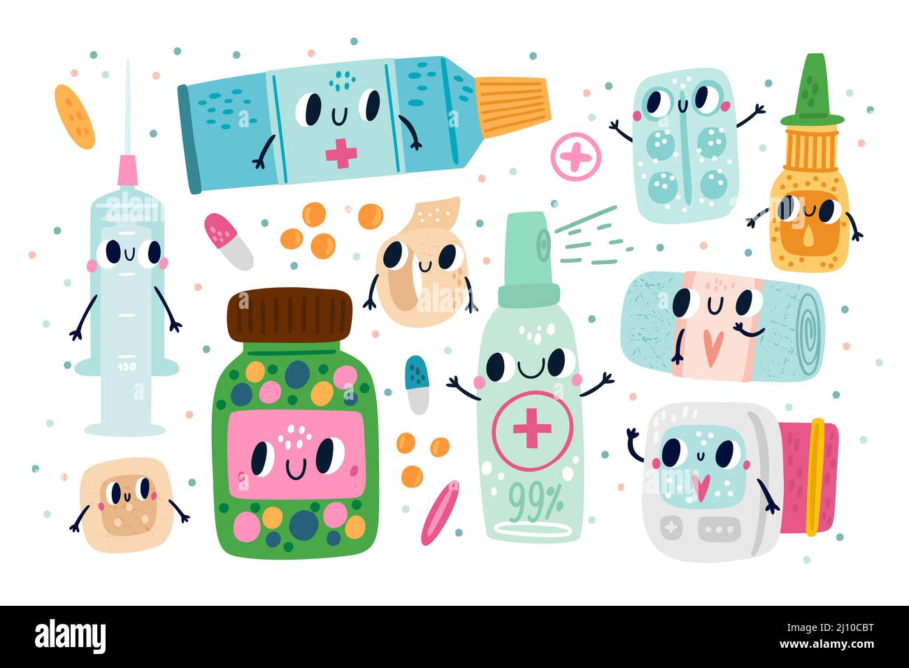 Cute pills characters. Funny pharmacy elements. Cartoon medicines with ...