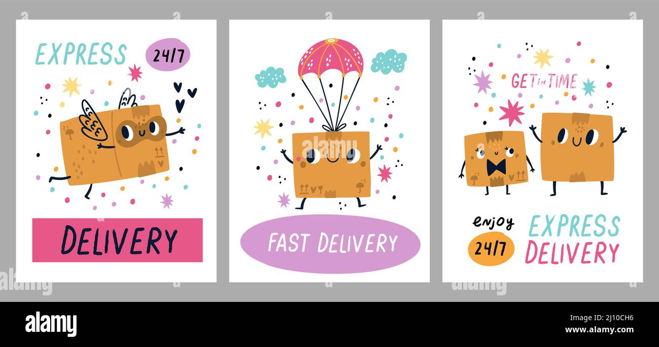 Delivery box posters. Cute cardboard container characters, funny boxes ...
