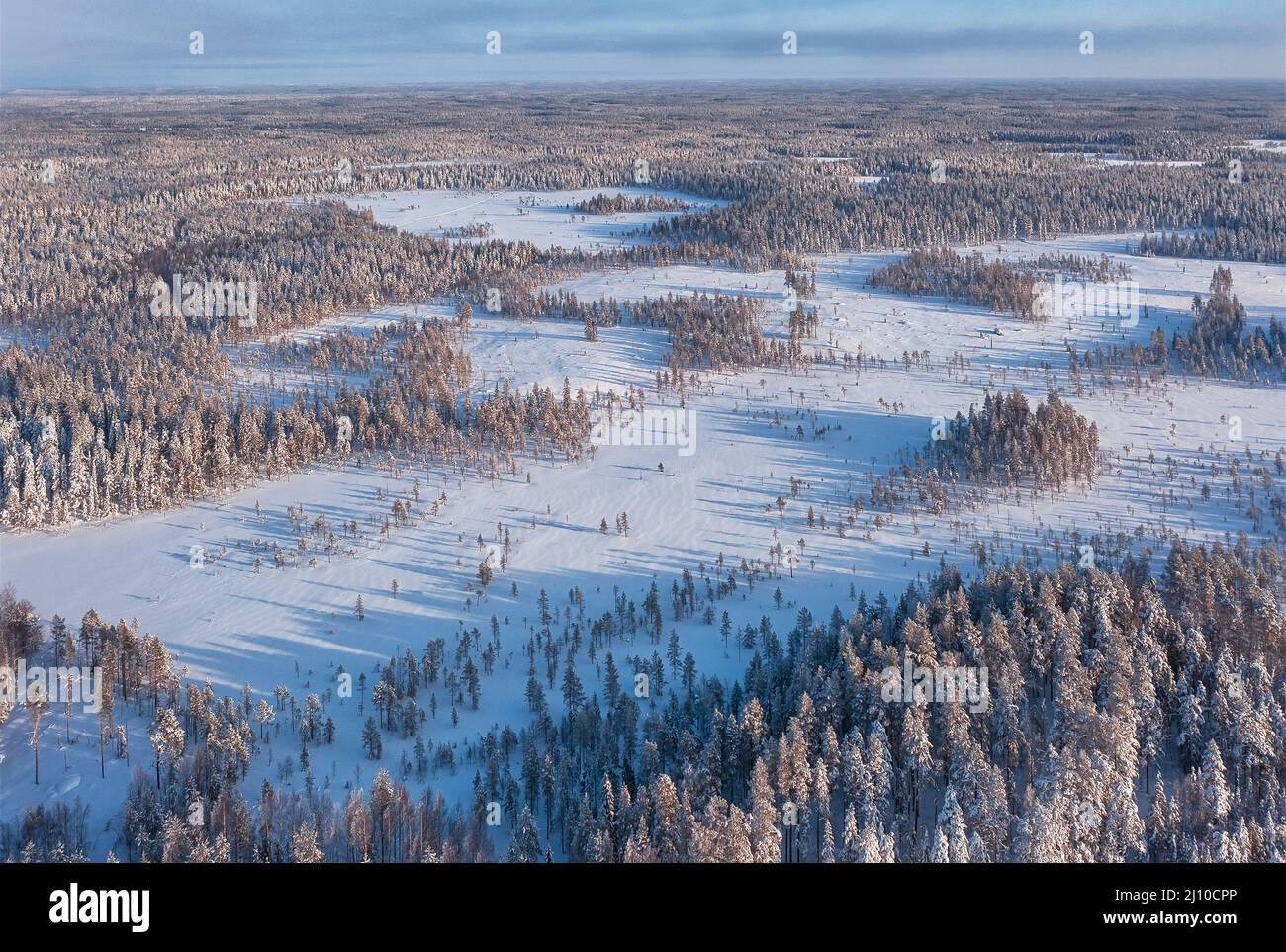 Aerial view to winter landscape in Lapland, Finland. Snow-covered fir ...