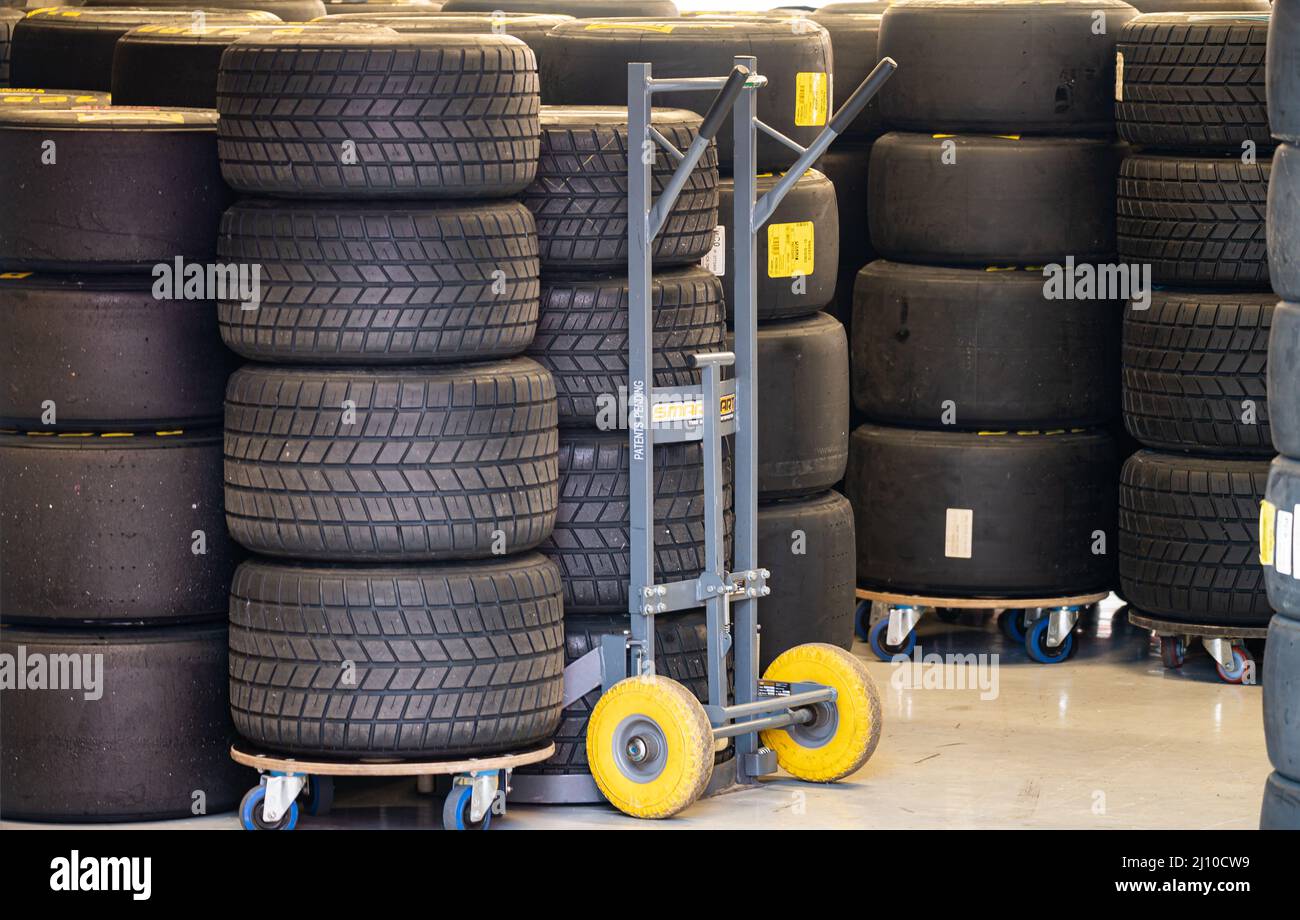 Closeup of the tire stack for racing cars on the circuit Stock Photo ...