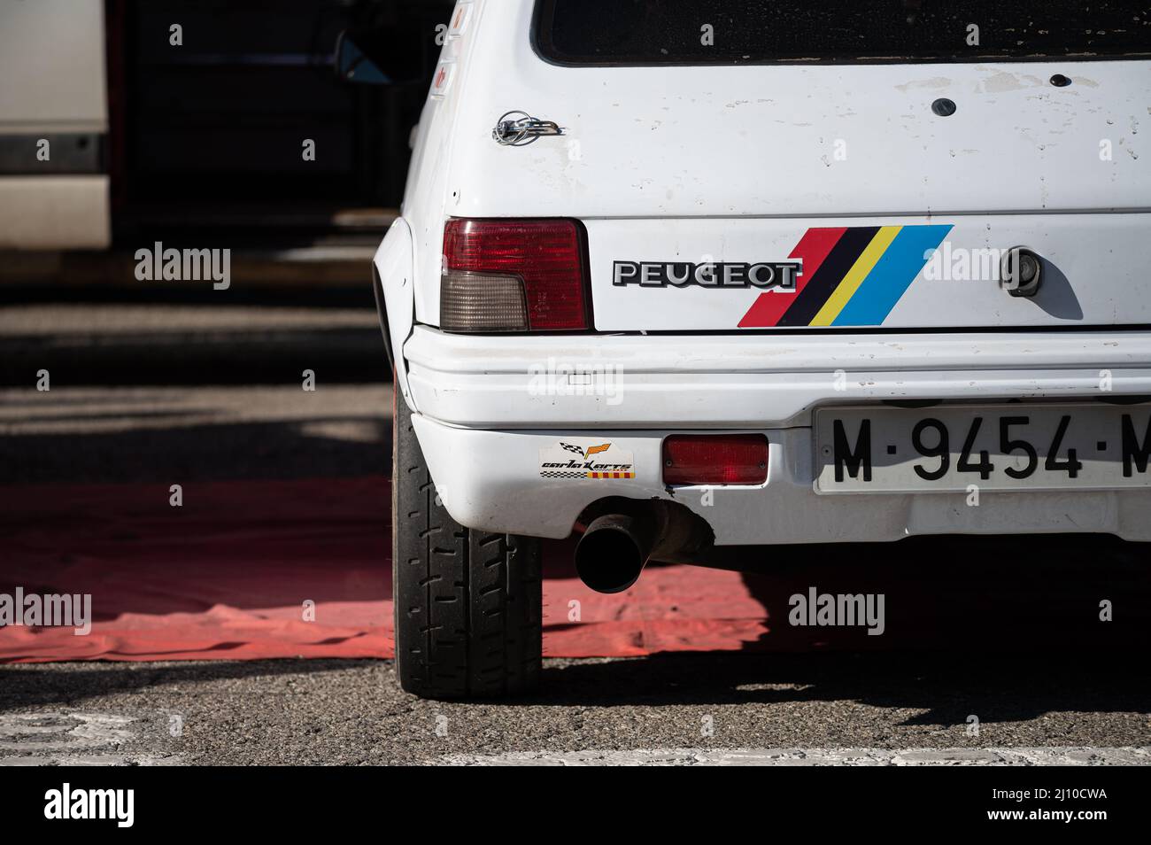 Closeup of the rear of a Peugeot 205 Rallye at the 2 Rally Sprint Racc ...