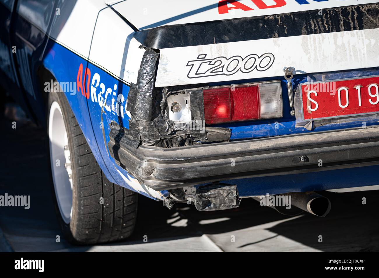 Closeup of a damaged rear of the Vauxhall Opel Ascona i2000 at the 2 ...