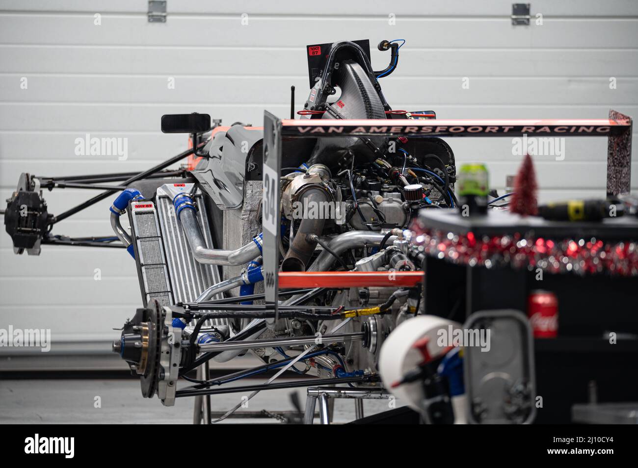 Closeup of the disassembled racing car in the pits of the circuit Stock ...
