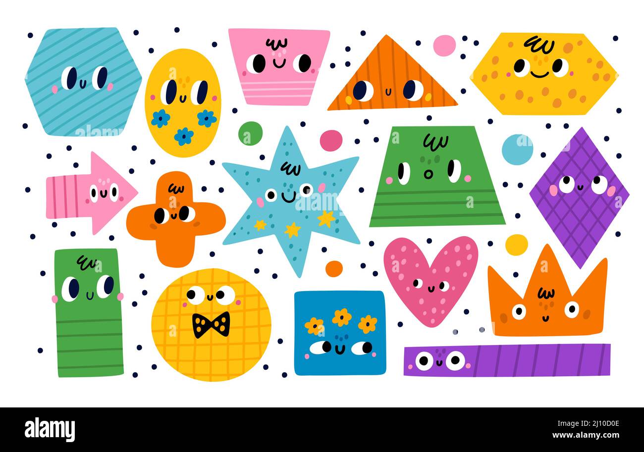 Geometric shapes characters. Basic abstract color figures with cute ...