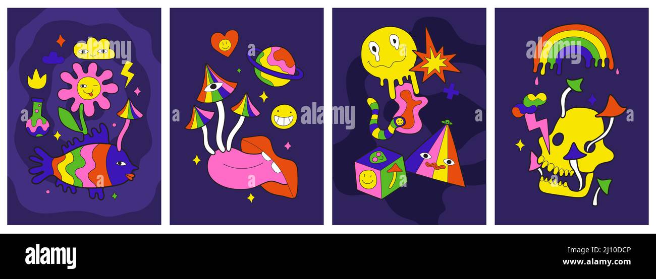 Psychedelic posters. Melting bright acidic objects, artistic hippy ...