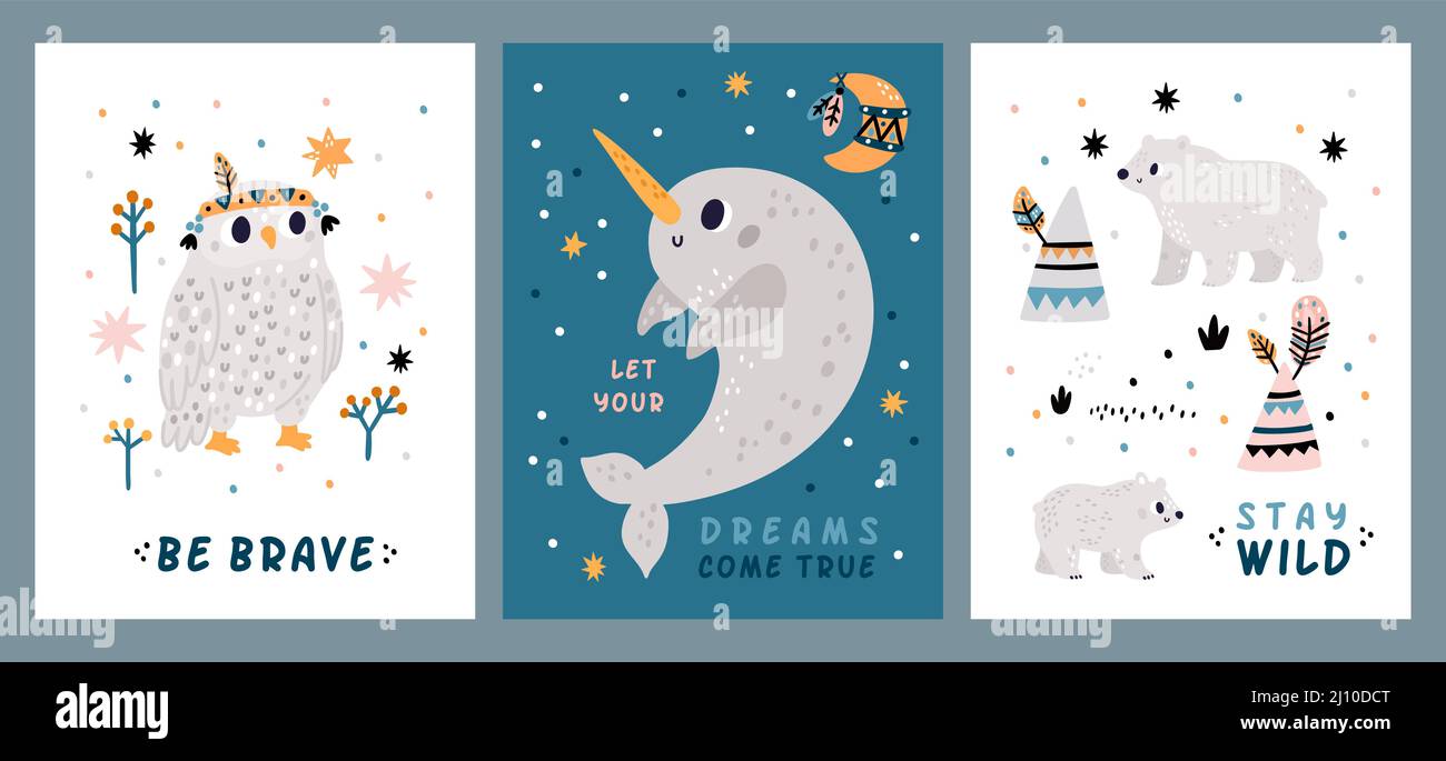 North animals cards. Cartoon arctic fauna. Cute polar bear. Funny white ...