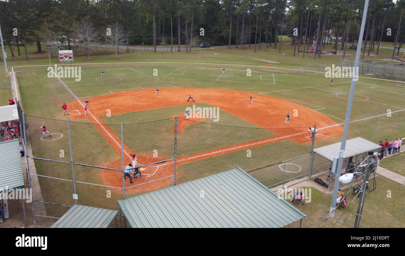 View of baseball field and the surrounding areas with people who have ...