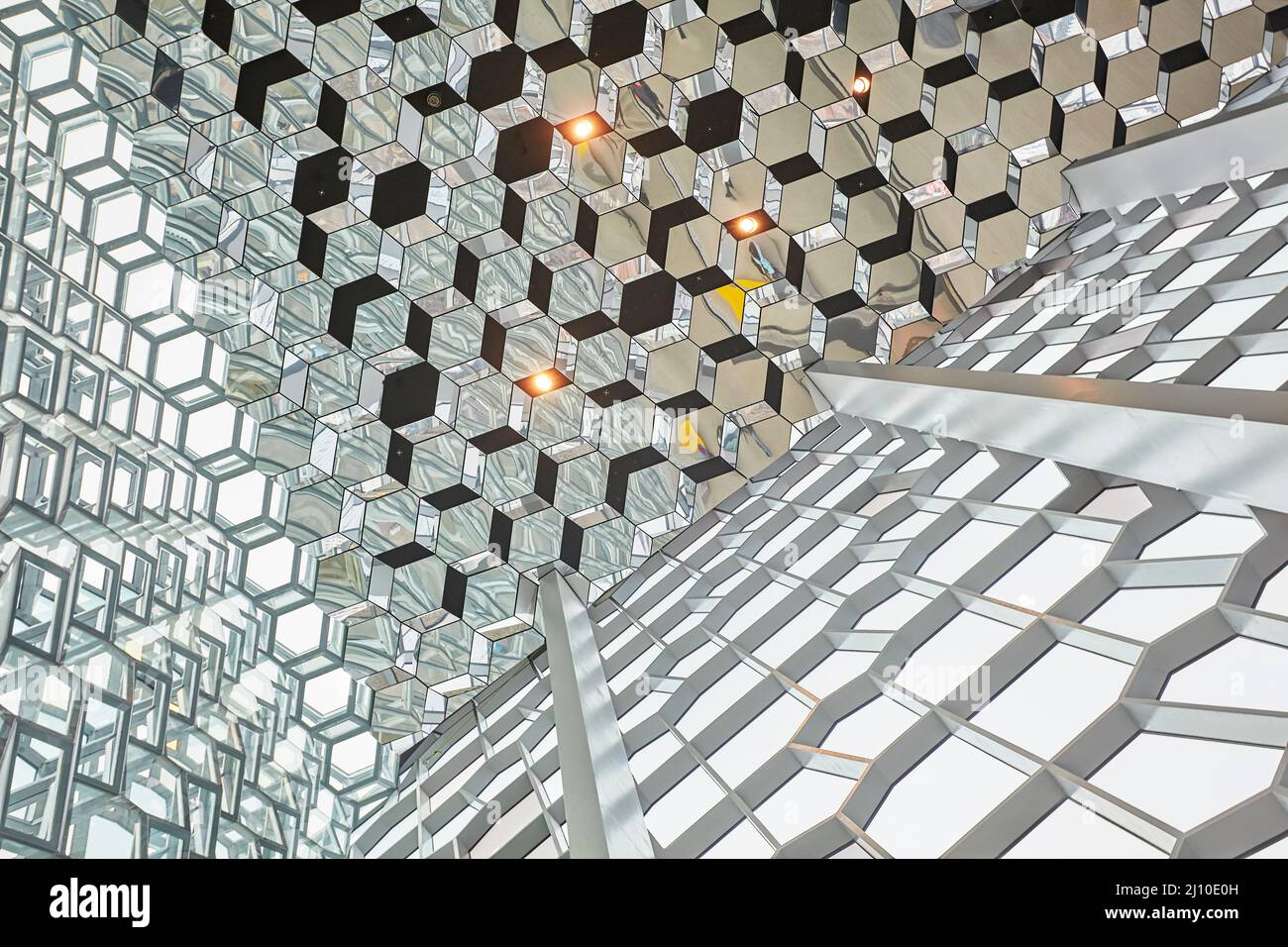 An interior view of the architecture of the Harpa Concert Hall, in ...