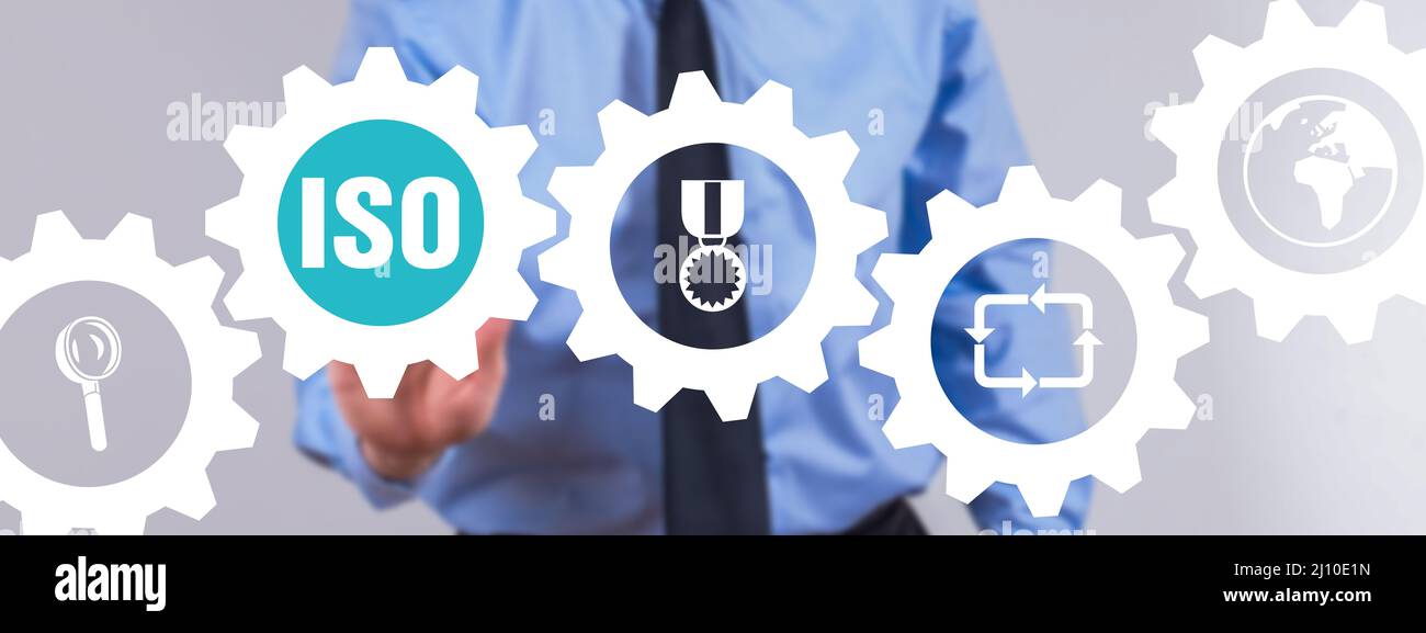 Businessman touching a gear showing the ISO certification process Stock ...