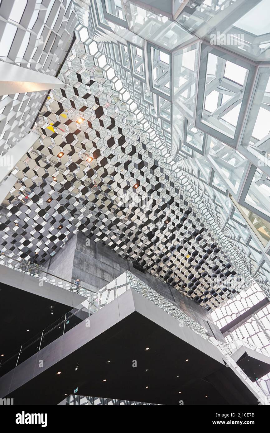 An interior view of the architecture of the Harpa Concert Hall, in ...