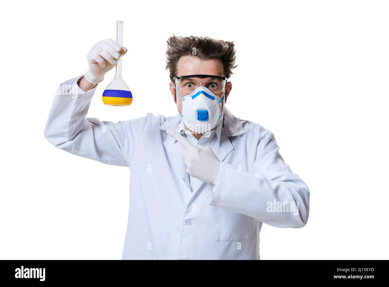 Young chemist, doctor wearing white gown, face mask and gloves conducts ...