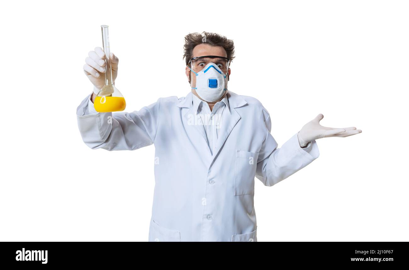 Young chemist, doctor wearing white gown, face mask and gloves conducts ...