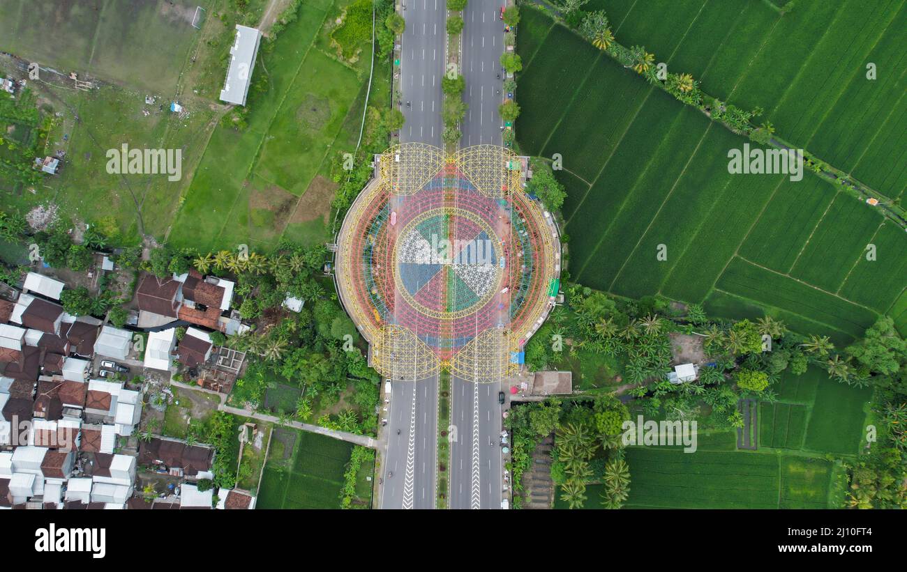 Aerial view of the city colorful Monument Tembolak Rainbow on Mataram ...