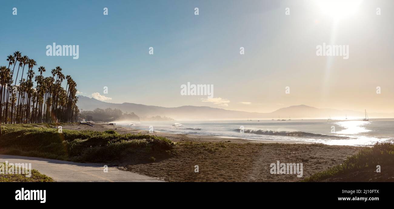 Beautiful morning scenery, with sunshine and reflections, palm trees ...