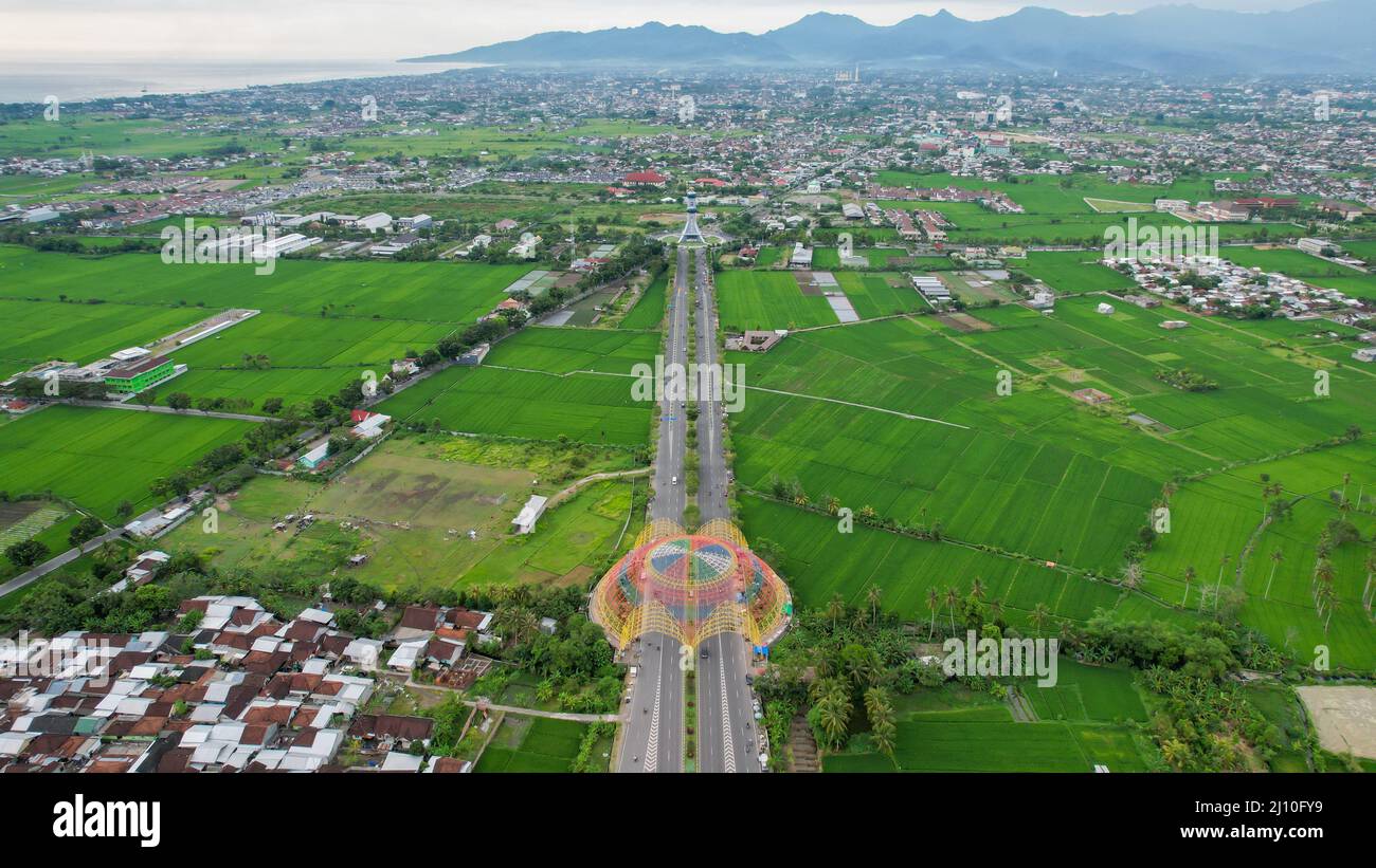 Aerial view of the city colorful Monument Tembolak Rainbow and Mataram ...