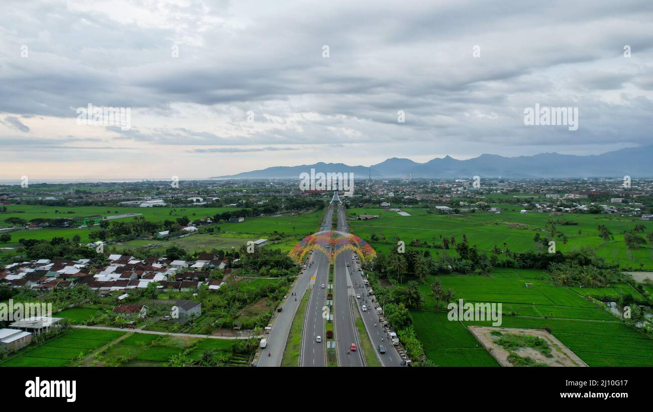 Aerial view of the city colorful Monument Tembolak Rainbow and Mataram ...
