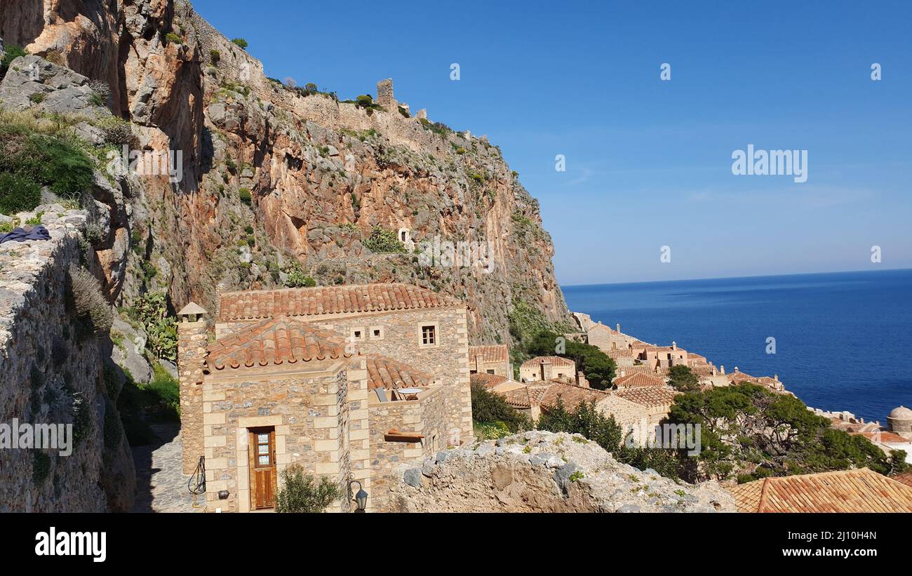 Old medieval town buildings at a sunny day under the blue clear sky ...